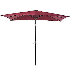 Outsunny 9' x 7' Patio Umbrella Outdoor Table Market Umbrella with Crank, Solar LED Lights, 45° Tilt, Push-Button Operation, for Deck, Backyard, Pool and Lawn, Wine Red