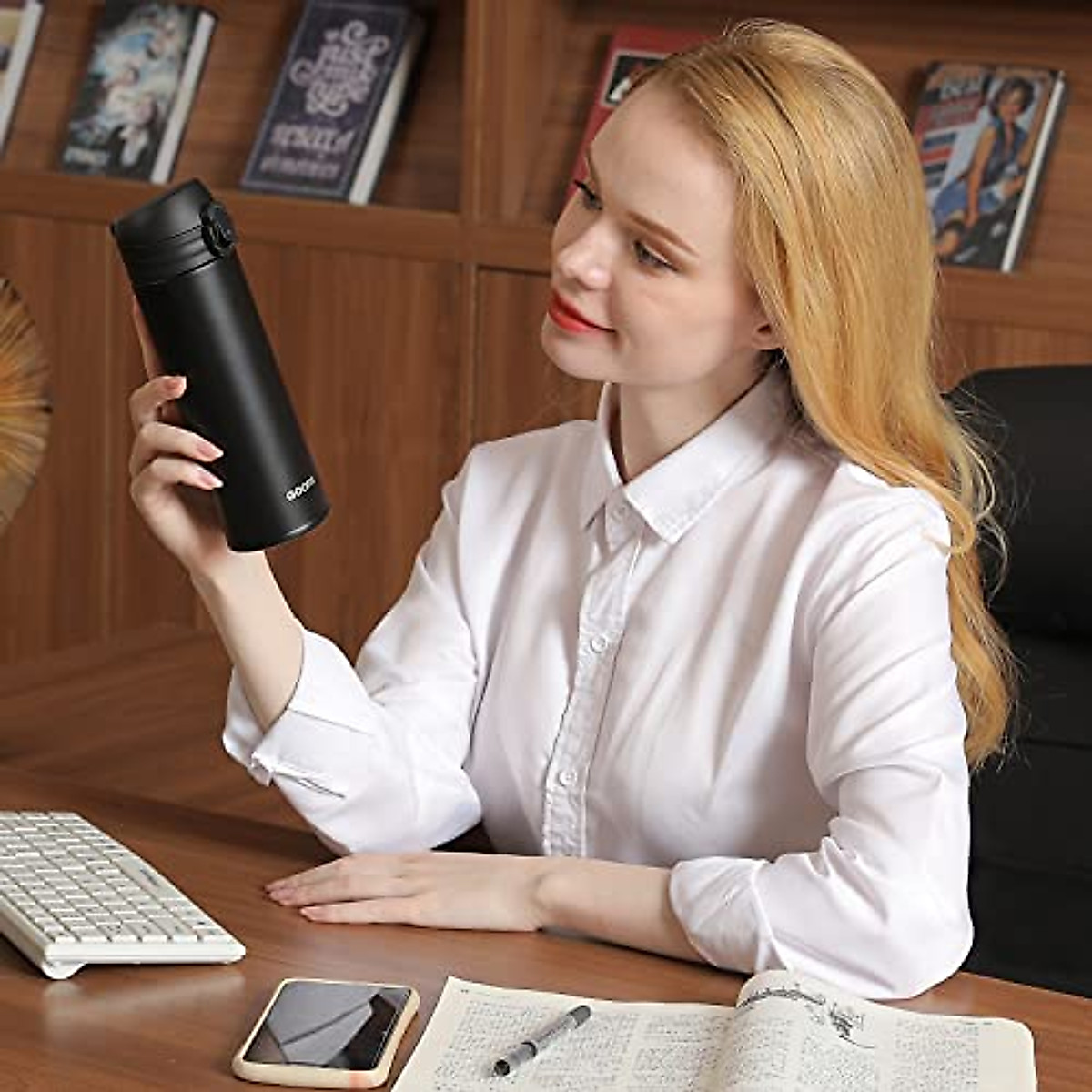 GOOFIT Water Bottle Double Wall Vacuum Insulated Thermos Beverage Coffee Bottle Stainless Steel Travel Mug Thermos Flask BPA Free Keeps Cold 24H Hot 24H 16 Oz Black