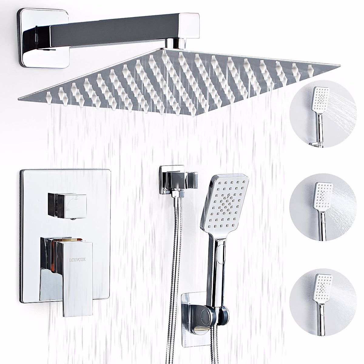 LCEVCGK Shower System, Shower Faucet Set Complete Square Rain Shower Combo Set with 8 inch Rainfall Shower Head System Bathroom Wall Mounted 3-Setting Handheld Shower,Chrome