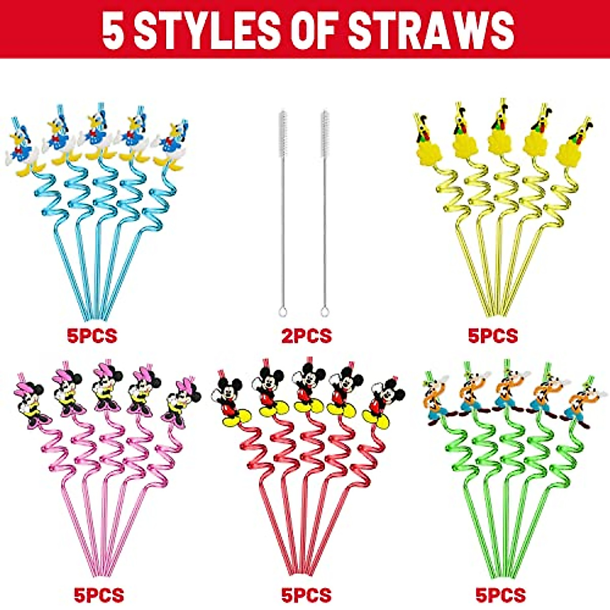 25pcs Mouse Straws Mouse Party Supplies Favors With 2pcs Cleaning Brush Plastic Reusable Straws Birthday Party Supplies Gifts For Boys Girls Kids