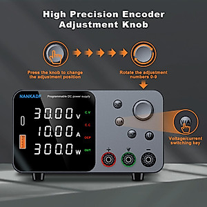 DC Power Supply, 30V 10A Bench Power Supply with Encoder Adjustment, 5V/3.6A USB&Type-C Quick-Charge, Variable Power Supply with Output Enable/Disable Button, Short Circuit Alarm (0-30V 0-10A)