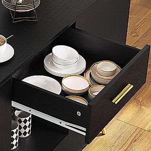 YITAHOME Sideboard Buffet, Buffet Cabinet Storage Credenza w/Adjustable Shelf, Wine Glass Holder, Drawers, Modern White & Gold Dresser 300 lbs Capacity for Living Room, Kitchen, Dining Room, Black