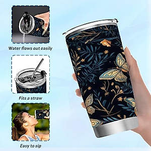 Wassud Gold Blue Butterfly 20 oz Tumbler with Lid and Straw Stainless Steel Double Wall Vacuum Tumblers Insulated Travel Coffee Mug for Cold and Hot Drinks