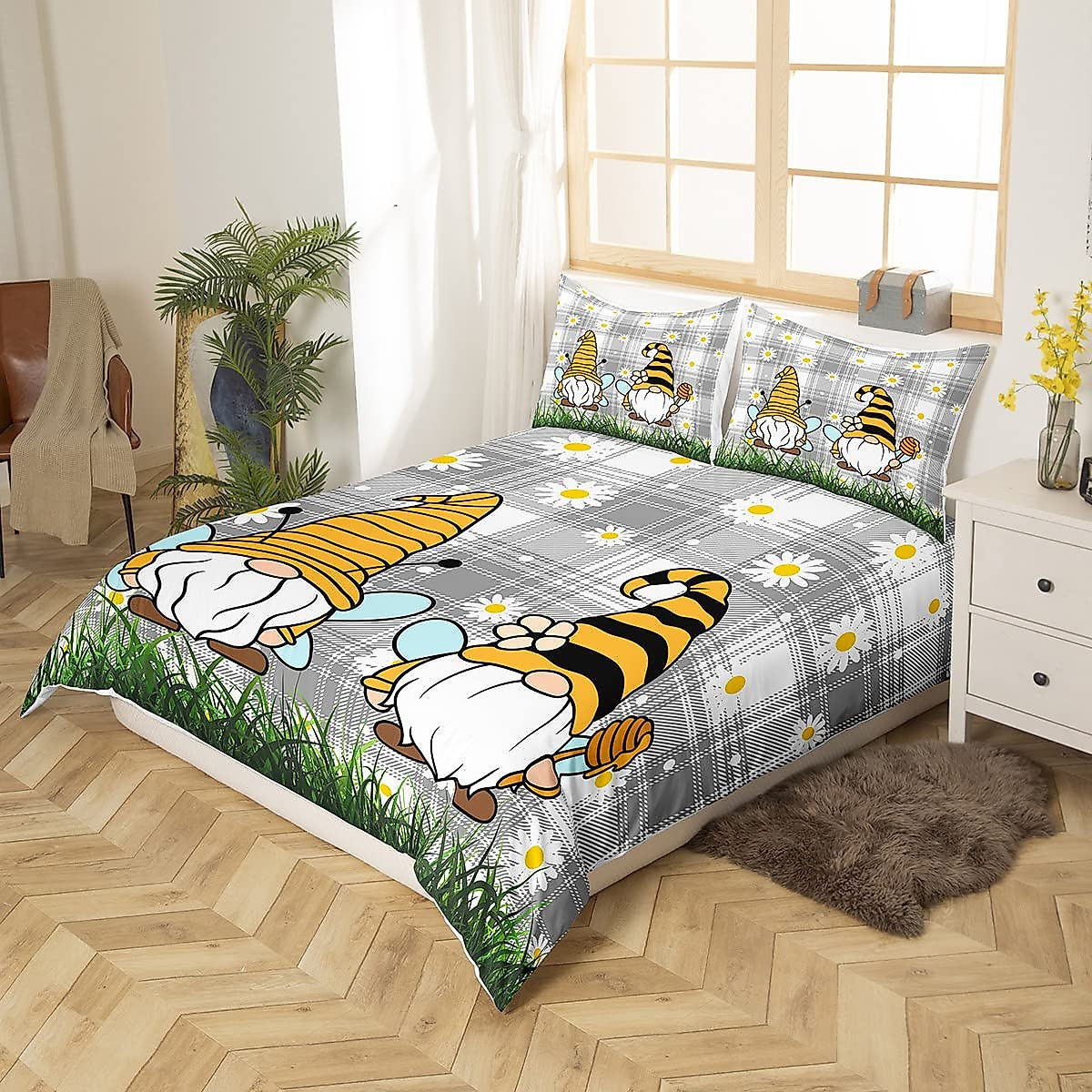 Erosebridal Funny Gnome Duvet Cover Queen Spring Bee Gnome Sunflower Bedding Set for Girls Teens White Daisy Floral On Grey White Checked Comforter Cover Honeycomb Grass Room Decor Quilt Cover