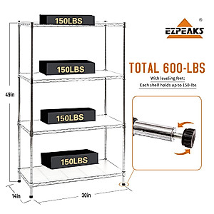 EZPEAKS Chrome 4-Shelf Shelving Unit with Shelf Liners Set of 4, Adjustable, NSF Certified Metal Wire Shelves, 150lbs Loading Capacity Per Shelf, Shelving Rack for Kitchen and Garage (30W x 14D x 47H)