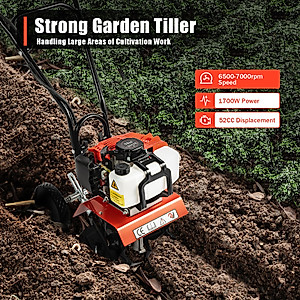 Rototiller Tiller Cultivator, 52CC 2-Stroke Forward Swivel Compact Fork Tiller Gas Motor Cultivator Premium Steel Adjustable Forward Swivel Tine for Garden & Lawn, Digging & Soil Tillage