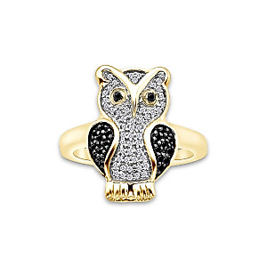 AFFY 1/4 Carat Round Cut Black And White Natural Diamond Owl Ring In 14K Yellow Gold Over Sterling Silver (0.25 Cttw, I2-I3 Clarity) Ring Size-8