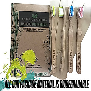 Terra Futura Bamboo Toothbrush 4 Pack, Ergonomic Toothbrush. Eco Friendly, Biodegradable & Environmentally Sustainable, BPA Free Bristles, Eco Compostable Toothbrush