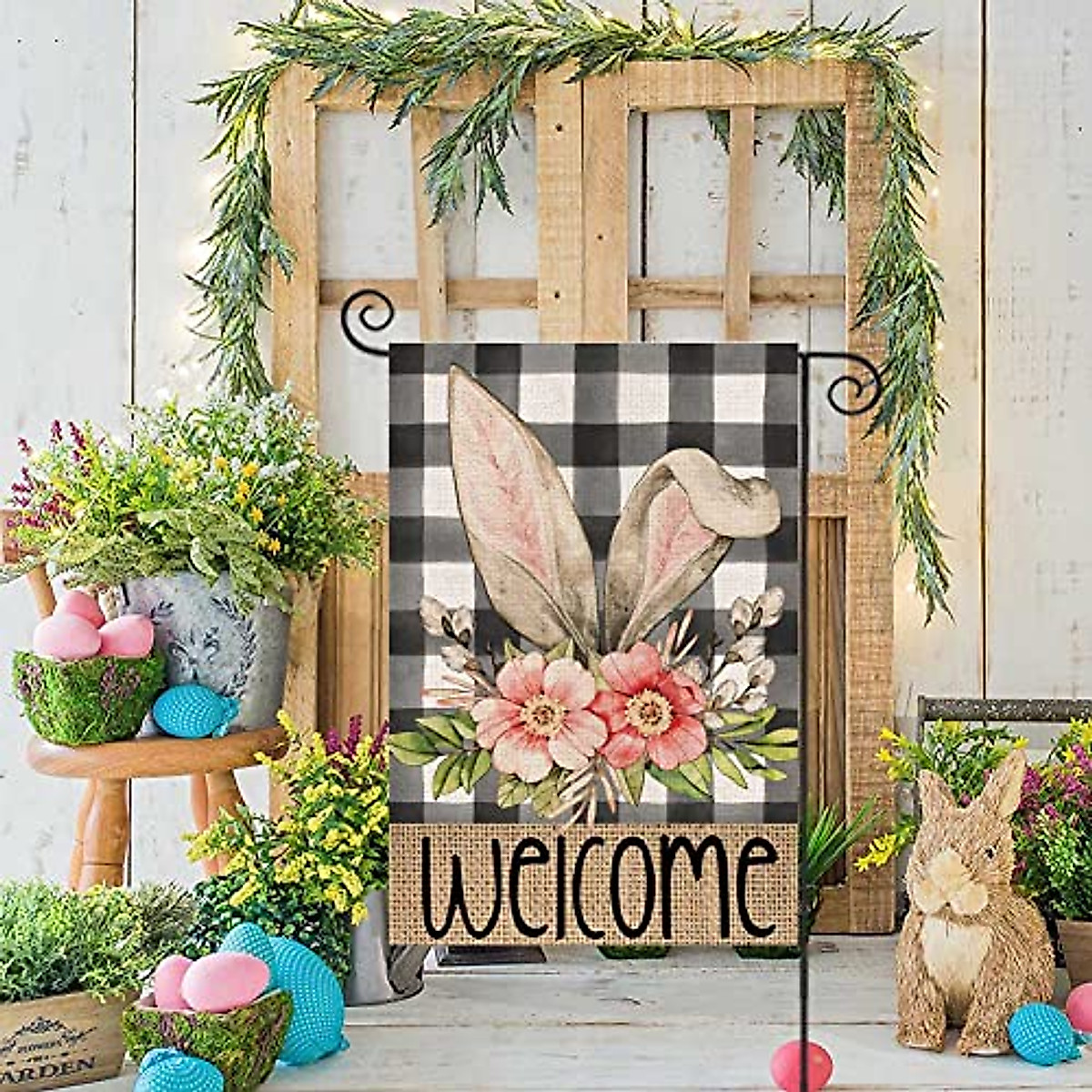 Welcome Easter Garden Flag for Outdoor 12x18 Double Sided,Buffalo Plaid Bunny Ears with Flowers Small Yard Flag,Seasonal Decors for Spring Outside Farmhouse Holiday