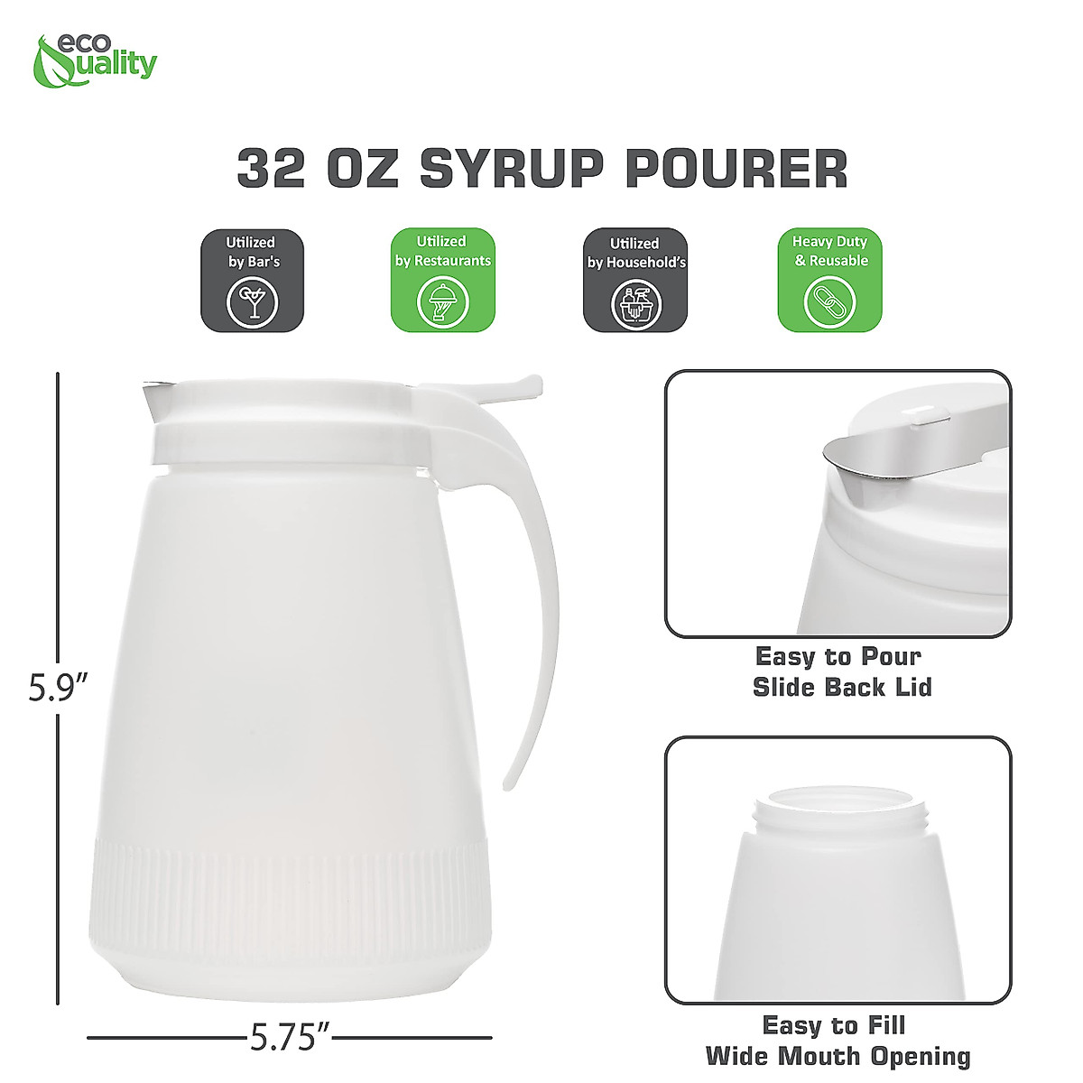 [1 PACK] EcoQuality 32oz Plastic Syrup Dispenser with Plastic Lid and Stainless Steel Slide Cover - Syrup, Sugar, Honey Dispenser - Perfect for Diners, Restaurants, Home, Office, Disposable (32 Ounce)