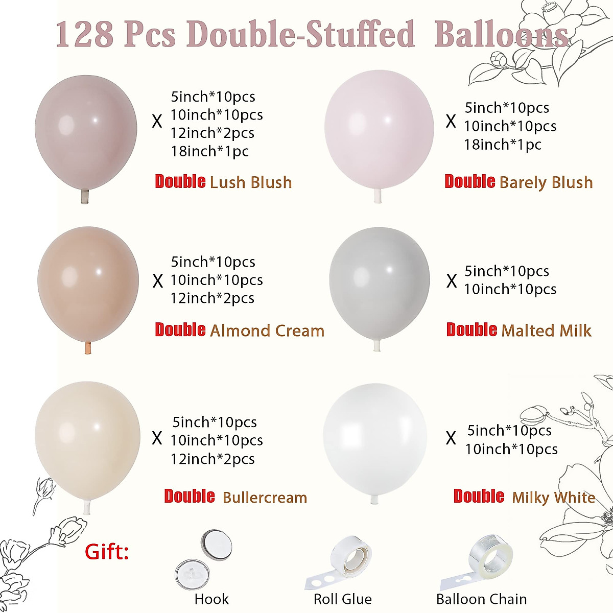 Boho Balloons Garland Arch Kit - 128PCS Double Stuffed 18/12/10/5 Inch Double Garland Kit Layer Matte White Cream Peach Pink Balloons Set for Wedding Birthday Baby Shower Party Decorations