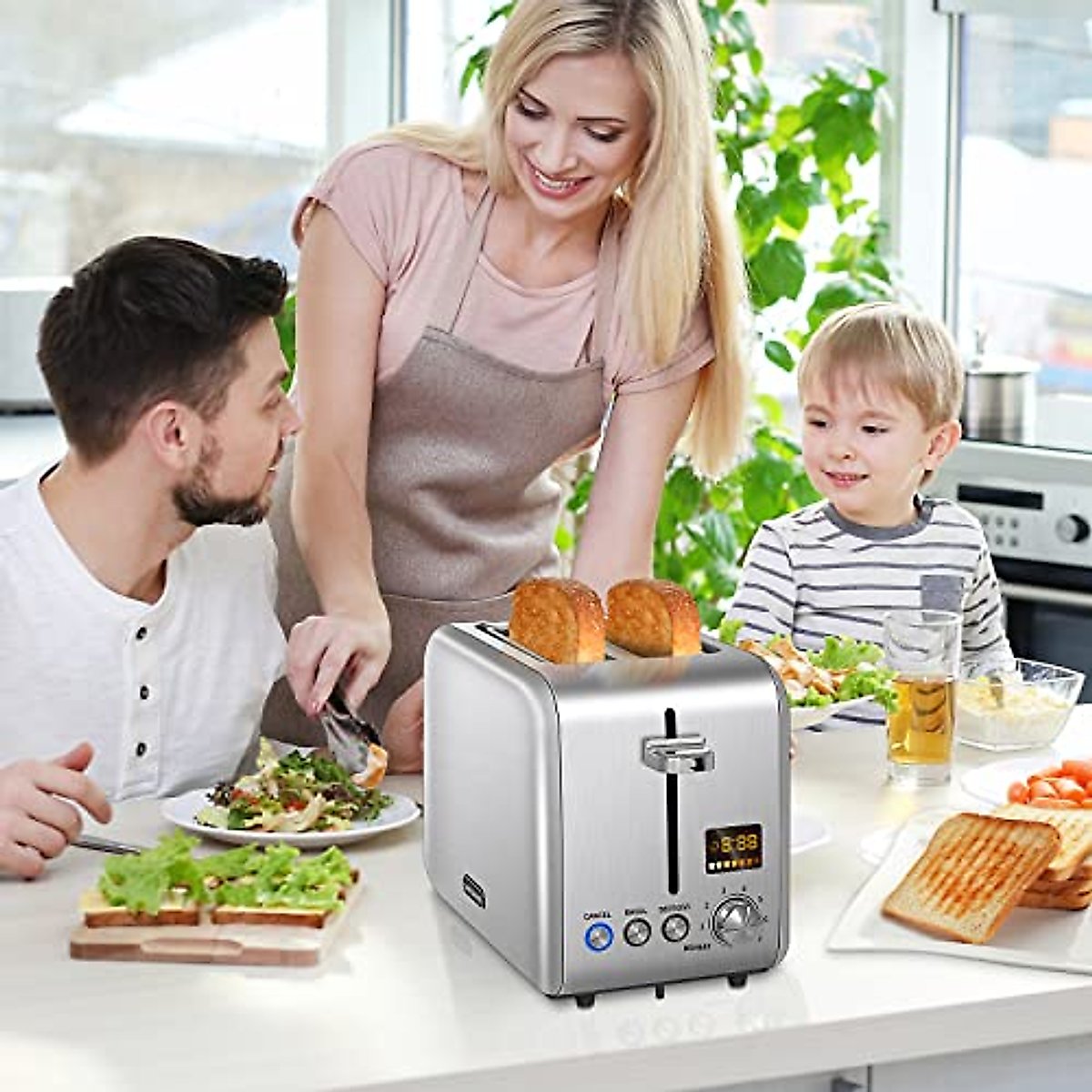SEEDEEM Toaster 2 Slice, Stainless Steel Bread Toaster with Colorful LCD Display, 7 Bread Shade Settings, 1.4'' Wide Slots Toaster with Bagel/Defrost/Reheat Functions, Removable Crumb Tray, 900W, Silver Metallic