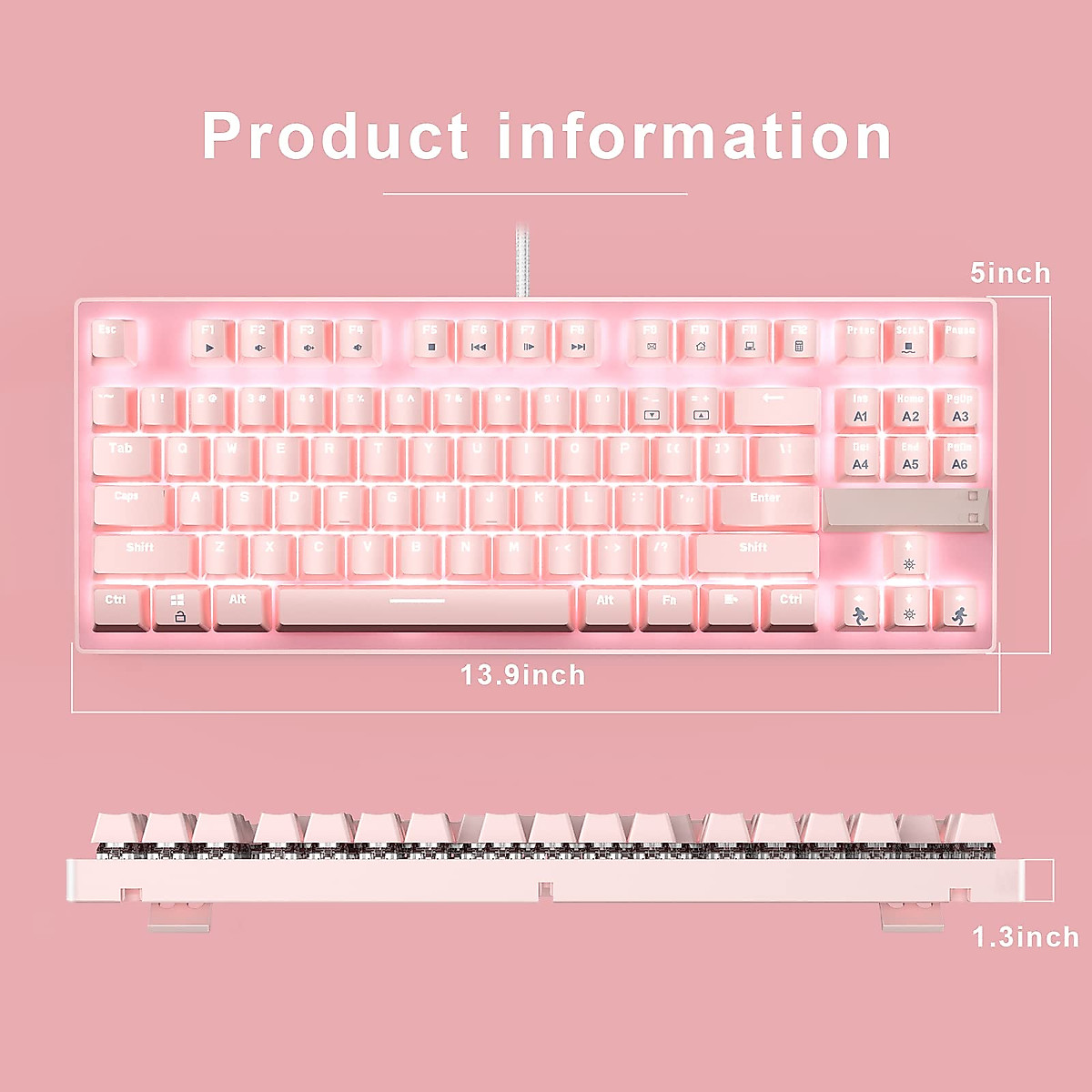 Anivia Mechanical Gaming Keyboard, MK1 Wired LED Backlit Keyboard with 87 Keys Compact Computer Keyboard for Mac PC Laptop, Cute Pink Keyboard - Blue Switches