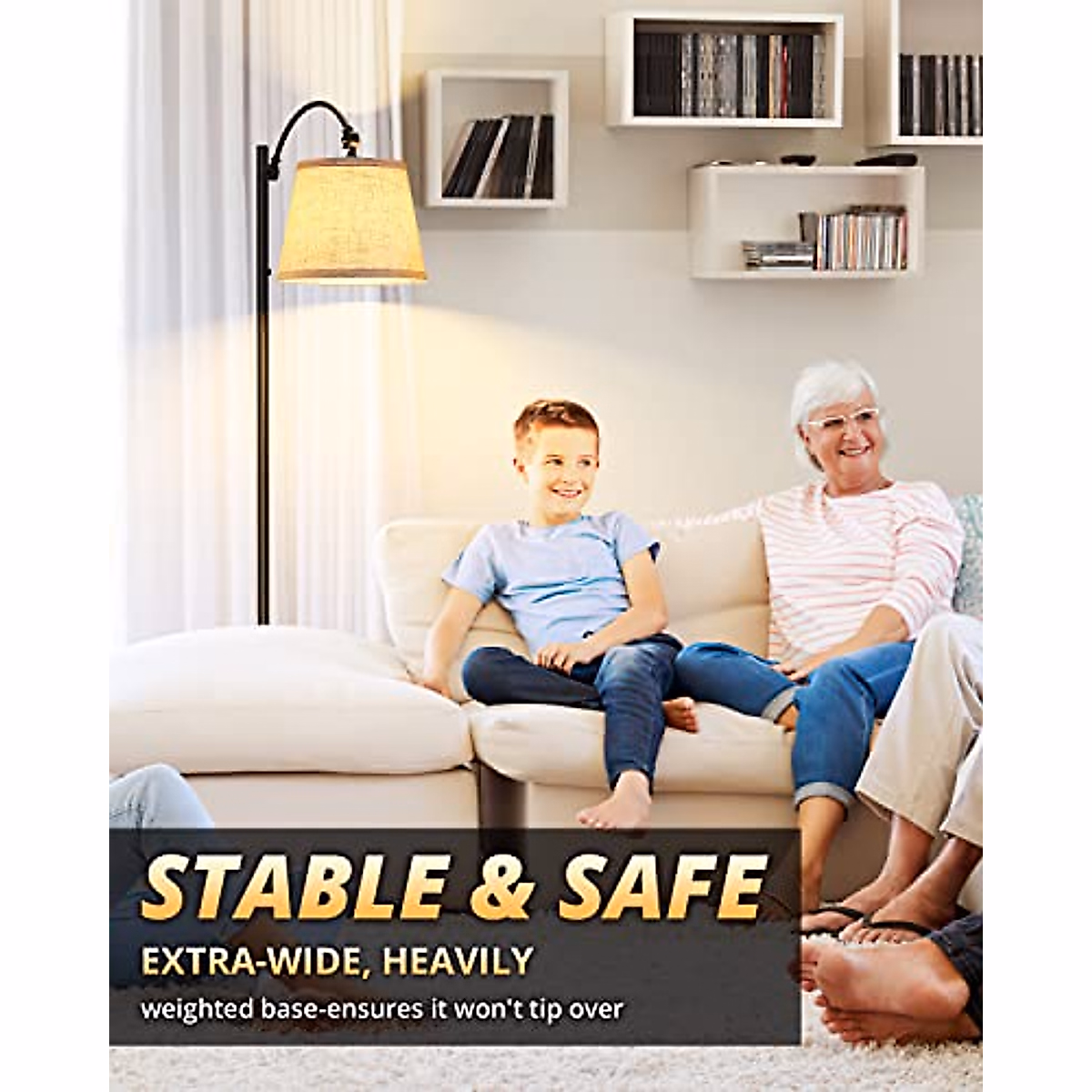 Floor Lamp for Living Room，Modern Lamp with Rotary Switch, Adjustable Tall Standing Reading Lamp with Hanging Linen Shade for Bedroom, Office, Black（3 Color Temperatures Bulb Included ）