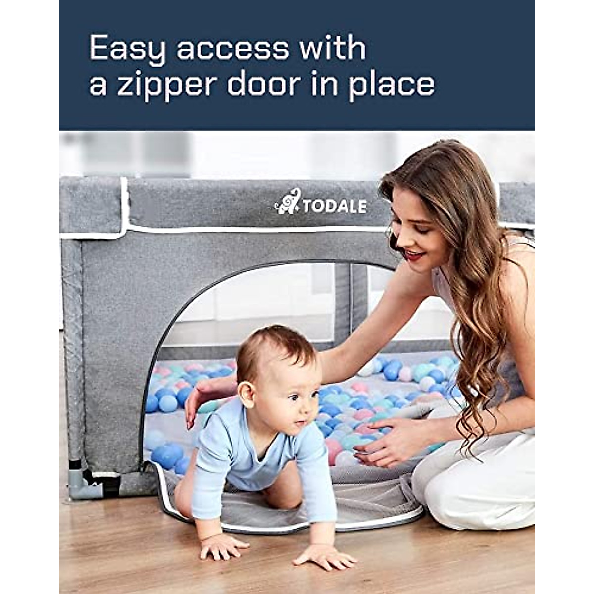 TODALE Baby Playpen for Toddler, Extra Large Baby Playard, Infant Safety Activity Center, Sturdy Babies Playpen with Anti-Slip Suckers,Tear-Resistant Material &Breathable Mesh (Grey 70”×59”)