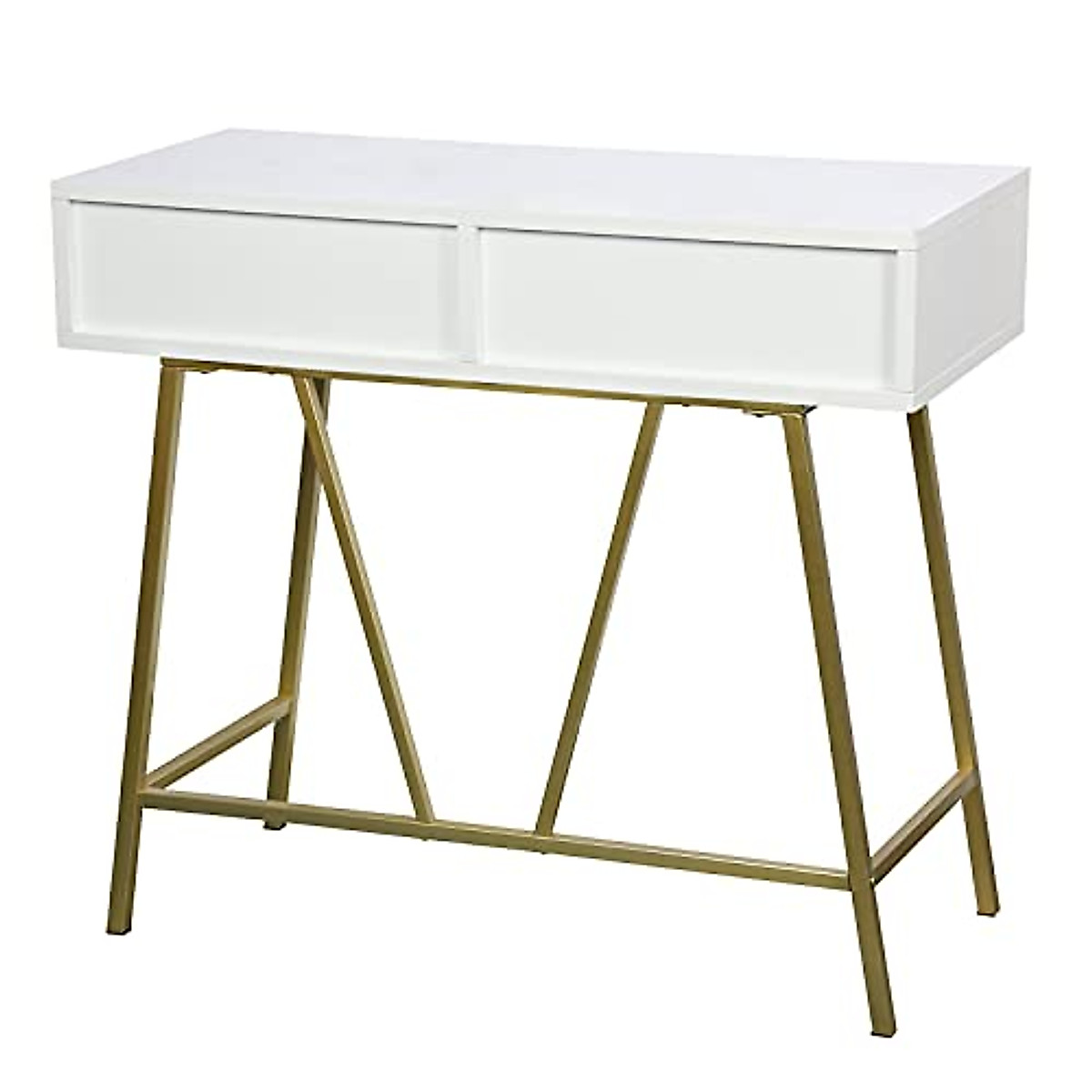 Anmytek Modern Home Office Desk, 35.4 Inch Makeup Vanity Table White Study Desk 2 Drawers Writing Desk Computer Desk with Golden Legs, D0002