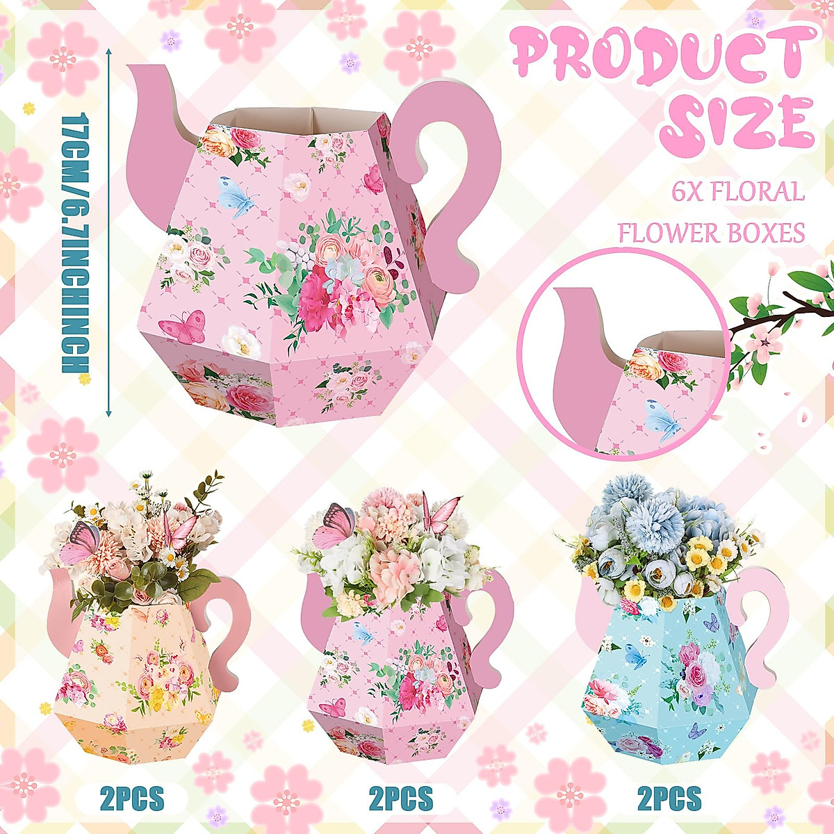 Fulmoon 6 Pcs Tea Party Decorations 6.7'' Flower Boxes Centerpiece Princess Tea Party Centerpieces for Tables Teapot Vase Table Decoration for Floral Tea Themed Birthday Party Baby Shower Wedding