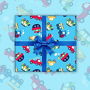 Geluode Birthday Wrapping Paper for Boys Men Kids, Cartoon Car Red Fire Trucks Boat Transport Blue Wrapping Paper 6 Sheets 20x28 Inches Per Sheet