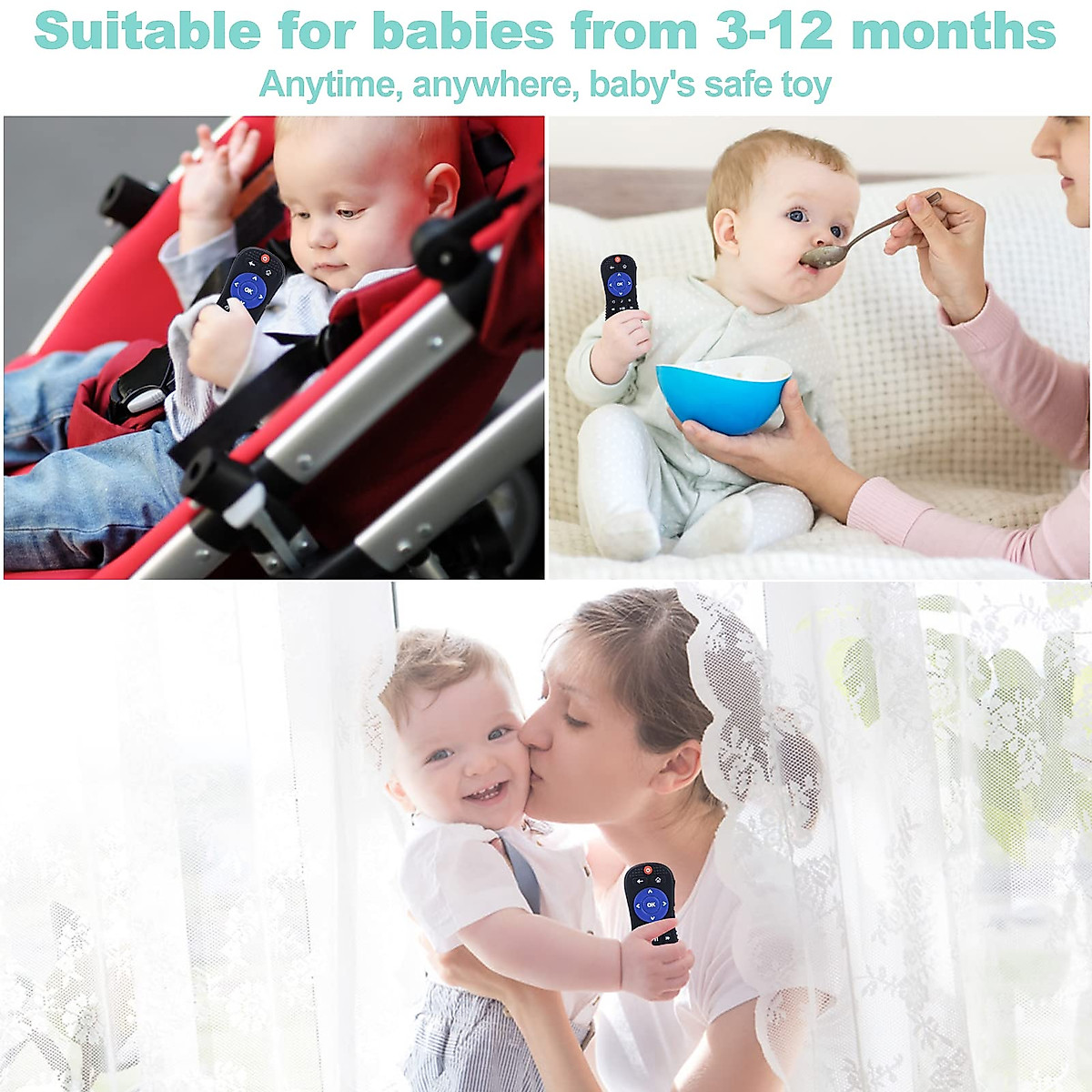 PlamPlam Baby Teether Toys - TV Remote Control and Gamepad Shape Silicone Toddler Teething Pacifiers Girl Boy Teethers for Babies 3 6 12 Months (Black+Blue)