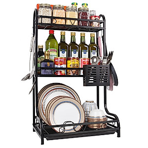 Dish Drying Rack - 3 Tiers Large Size Drainboard Set,Multifunctional Heavy Duty Dish Storage Organizer,Extra Large Capacity Spice Rack,Black,Model:DDR-003,by WEIKER., 17.5x12.5x29.5''