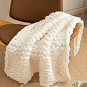 WESHIONGOO Chunky Knit Blanket Throw Cable Knit Throw Blanket for Couch Bed Throw Blanket with Jumbo Chenille Yarn Thick 100% Handmade (Cream White, 40"×40")