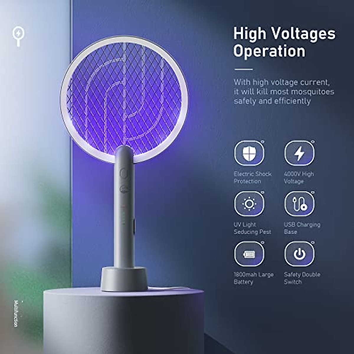 Electric Fly Swatter Racket, Mosiller 4000V 2 in 1 Bug Zapper with USB Rechargeable Base, Powerful Mosquitoes Trap Lamp & Fly Killer with 3 Layer Safety Mesh for Home, Bedroom, Kitchen, Patio (1 Pack)