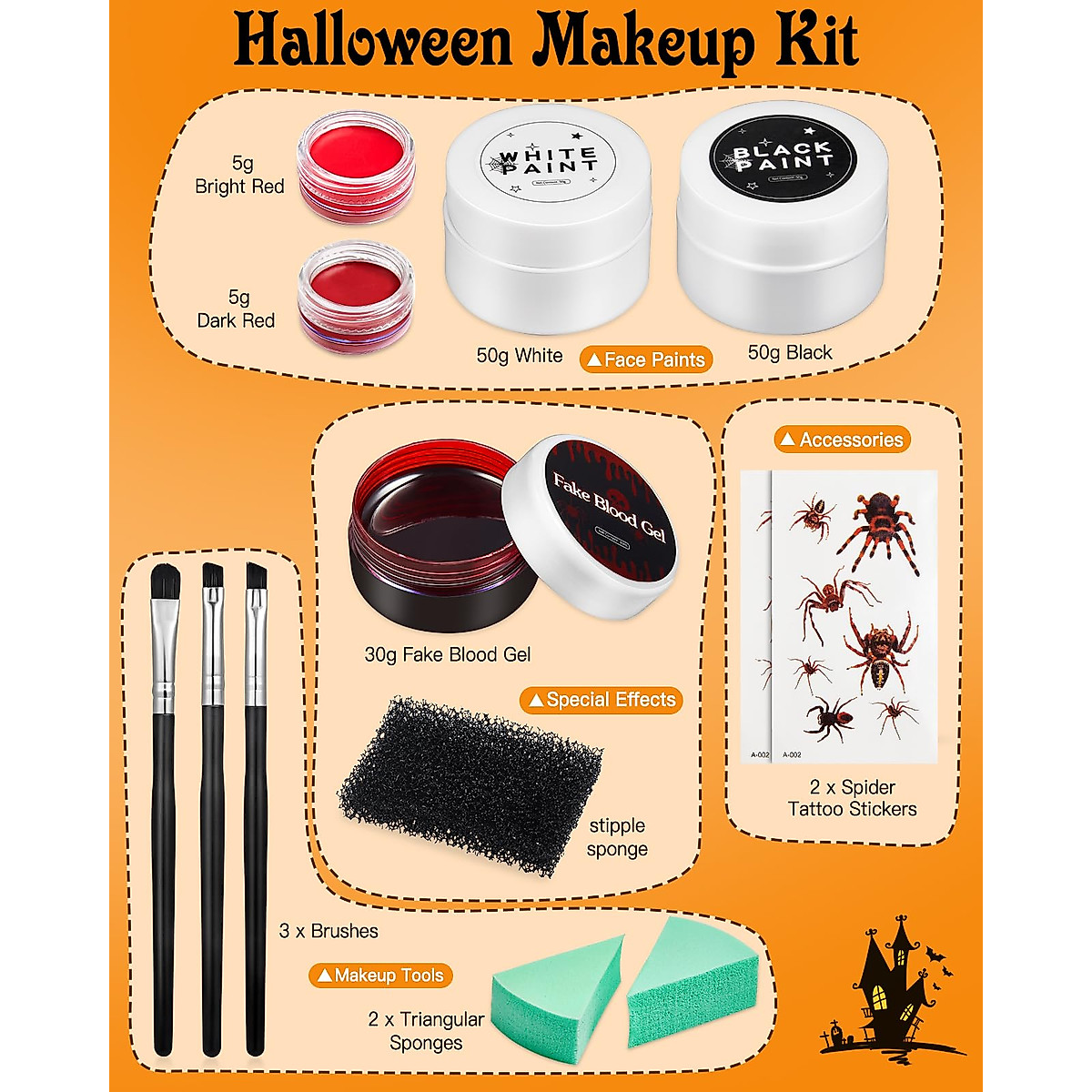 Lictin Halloween Clown Makeup Kit - White Black Red Face Body Paint + Fake Blood Gel, Water Activated Face Paint Kit for Adults, SFX Joker Zombie Vampire Skeleton Makeup Kit with Brushes & Sponges