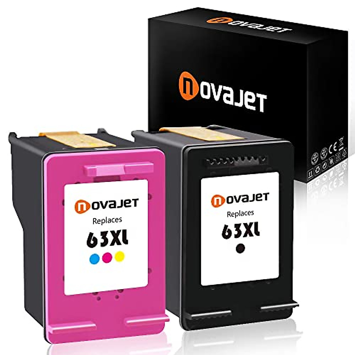 Novajet Remanufactured Ink Cartridge for HP 63XL 63 XL Compatible with Envy 4520 4512 4516 Officeje 3830 3833 4655 Deskjet 1112 2130 3630 3633 3634 High Yield (1 Black 1 Tri-Color)