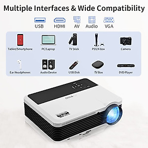 Smart Projector with WiFi & Bluetooth, 200" Indoor Outdoor Movie Projector with Wireless Phone Mirroring & HiFi Speaker, 8000LM Full HD 1080P Home Theater Projector for TV Stick Laptop DVD HDMI USB AV