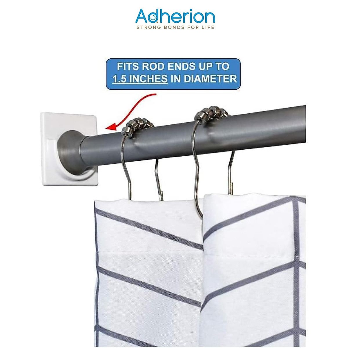 Adherion Adhesive Shower Curtain Rod Holder | Rod Retainer | Bathroom Tension Rod Wall Mount Brackets | No Drilling | Stick On | 3M Adhesive | White | 2 Pack | Shower Curtain Rod not included |