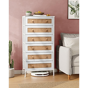Crestlive Products Rattan Dresser Storage Tower, Tall Fabric Dresser, Chests of Drawers, Wood Top &Wood Handles - Organizer Unit for Bedroom, Hallway, Entryway, Closets - 6 Drawers (White)
