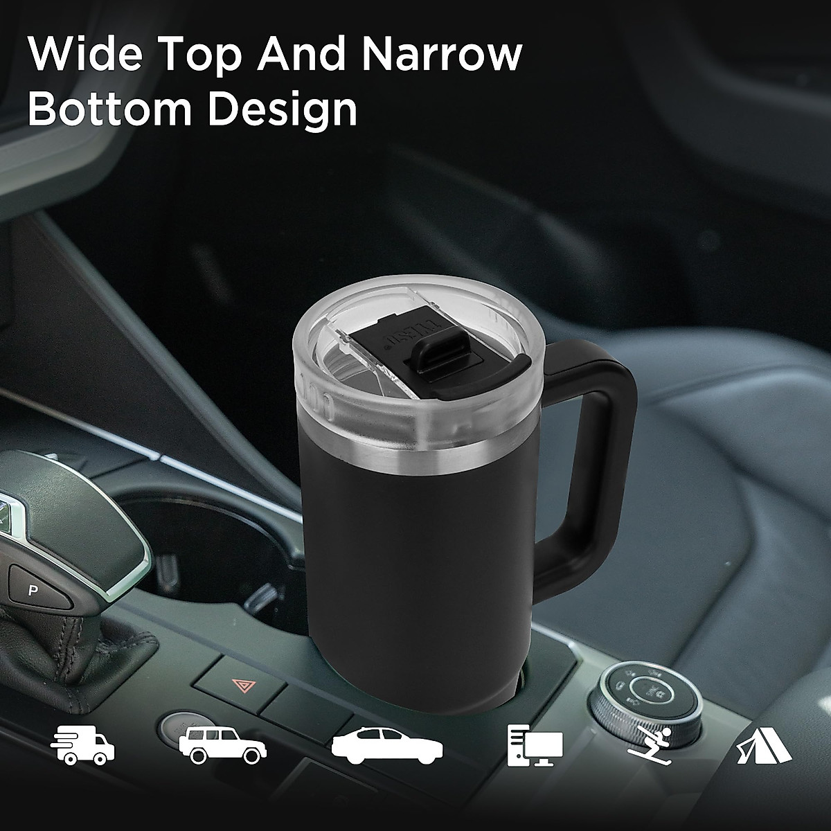 TYESO 30 oz Tumbler with Handle, Straw and Lid - Leak Resistant Insulated Stainless Steel Water Bottle, Car Cup Holder Friendly Travel Coffee Mug Black - Gifts for Men & Women