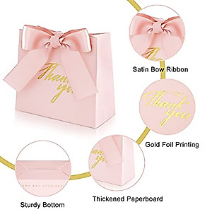 SHAIDOJIO 24Pcs Small Thank You Gift Bags, Party Favor Bag Treat Box with Bow Ribbon, Pink Pattern Mini Paper Gift Bags Bulk for Wedding, Birthday, Bridal Shower, Baby Shower (4.5x1.8x4 Inch)