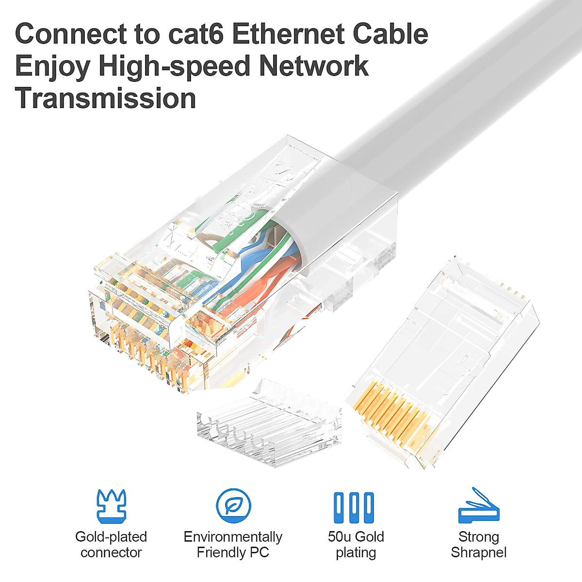 AUCAS 2 Piece Cat6 RJ45 Connector, End, Modular Plug, Connection, Gold Plated 50μ 8P8C for 23-24 AWG, Wire 1.0-1.1mm UTP Unshielded Cat6 Cat5e Solid or Stranded Ethernet Network Cable, 50 Pack