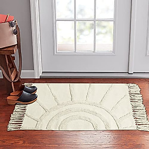 OJIA Boho Bathroom Rug 2' X 3', Tufted Sun Rug Small Rugs with Tassels Farmhouse Cotton Woven Washable Accent Throw Rug Tribal Area Rugs for Entryway Bedroom Laundry Living Room Kitchen