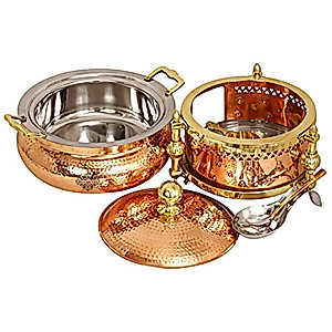 IndianArtVilla Steel Copper Chafing Dish with Sigdi Design Gel Fuel Stand, Buffet Warmer Serveware Party, 135 OZ