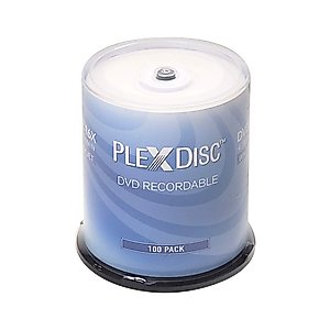 PlexDisc DVD-R Blank Discs 4.7GB 16X White Inkjet Hub Printable - 100 Pack Cake Box (FFP), Blank DVDs for Burning Video, DVD Recordable Disc