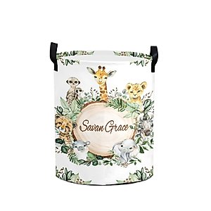 Safari Wild Animal Leaves Jungle Personalized Laundry Basket Clothes Hamper with Handles Waterproof,Custom Collapsible Laundry Storage Baskets for Bedroom,Bathroom Decorative Large Capacity