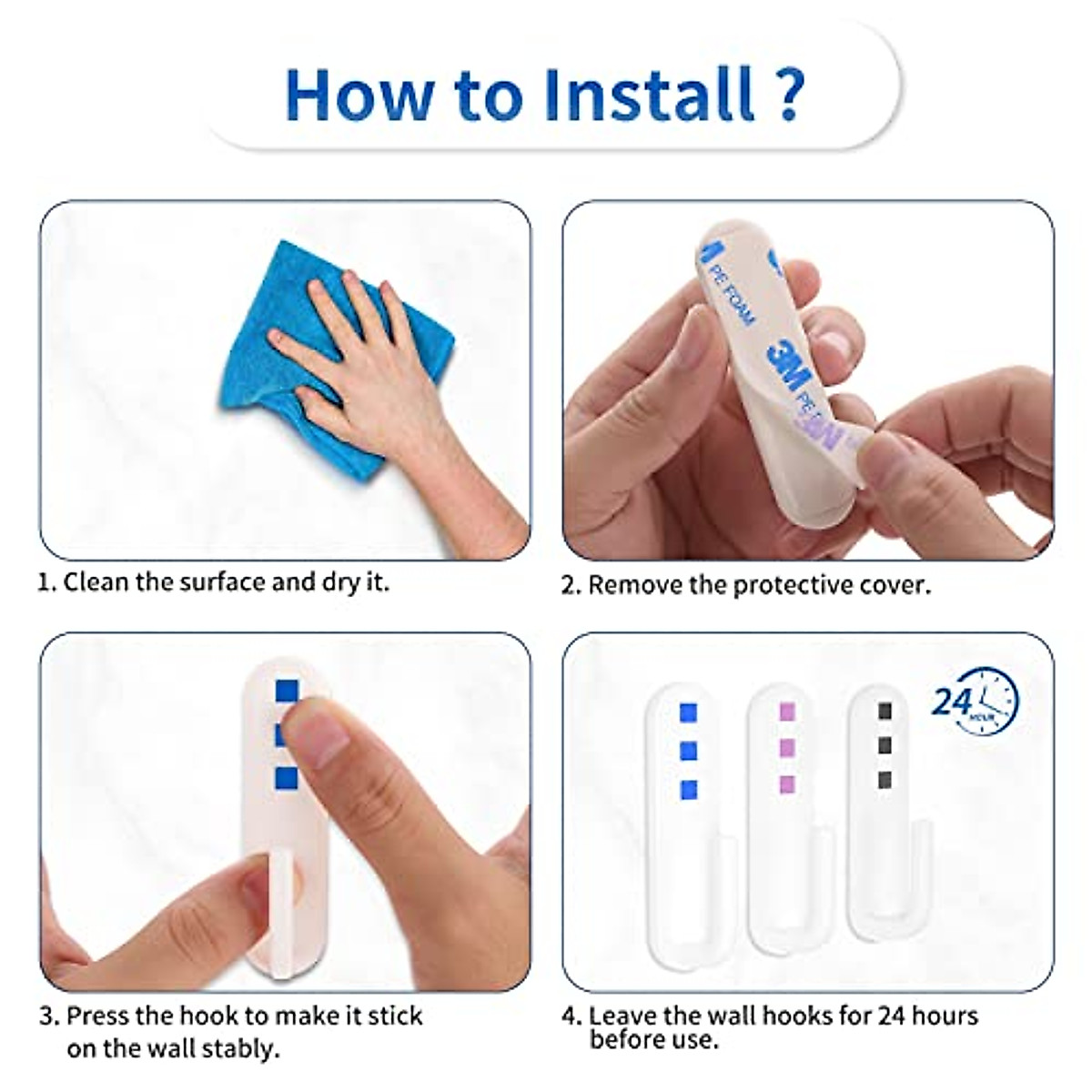 Budding Joy Wall Hooks 6 Pack, Plastic Self Adhesive Hooks for Hanging, 3M Wall Hanger Sticky Hooks, Shower Towel Hook for Bathroom Kitchen Door Home