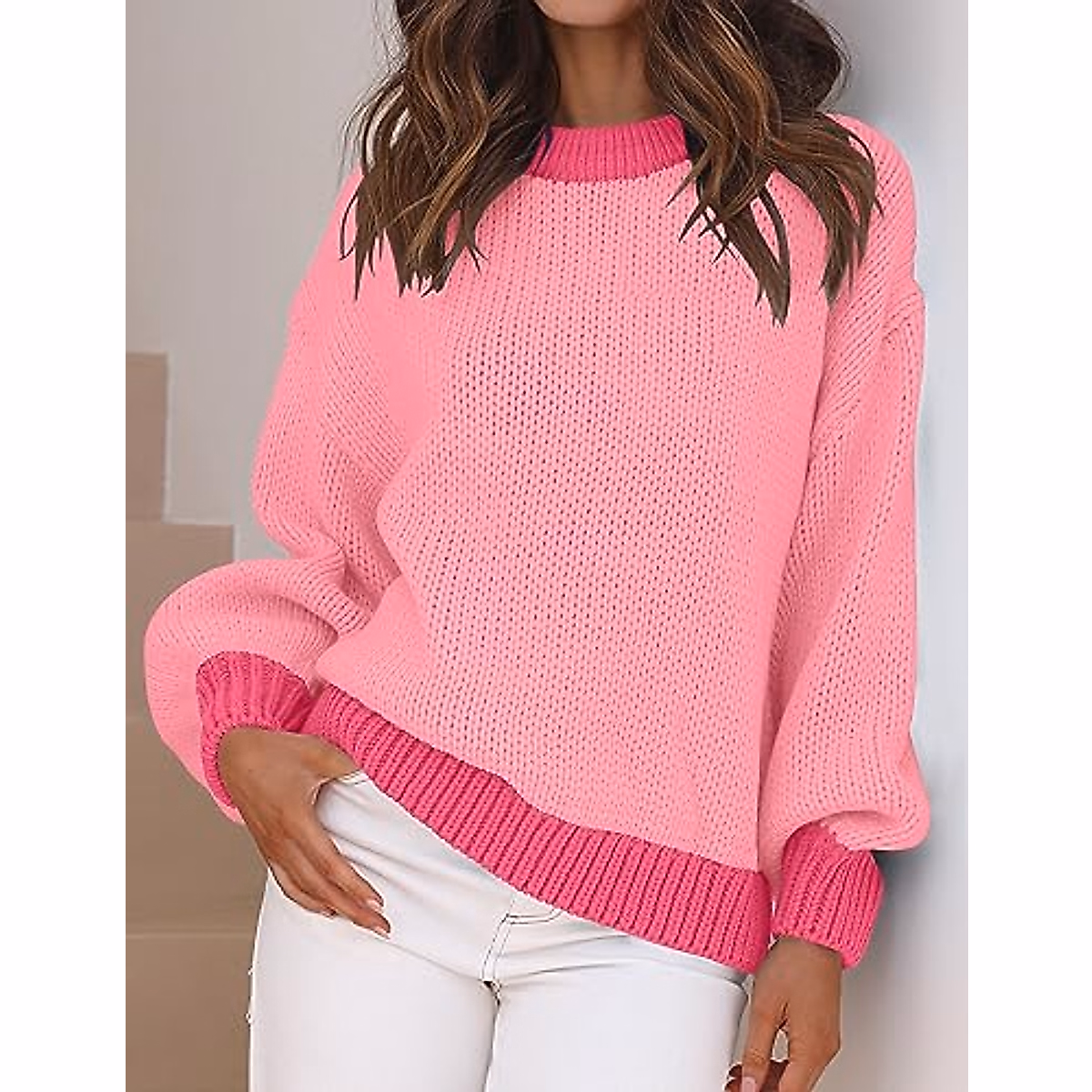 ZESICA Women's Casual Long Sleeve Crew Neck Pullover 2025 Spring Ribbed Knit Loose Contrast Color Sweater Tops,HotPink,Medium