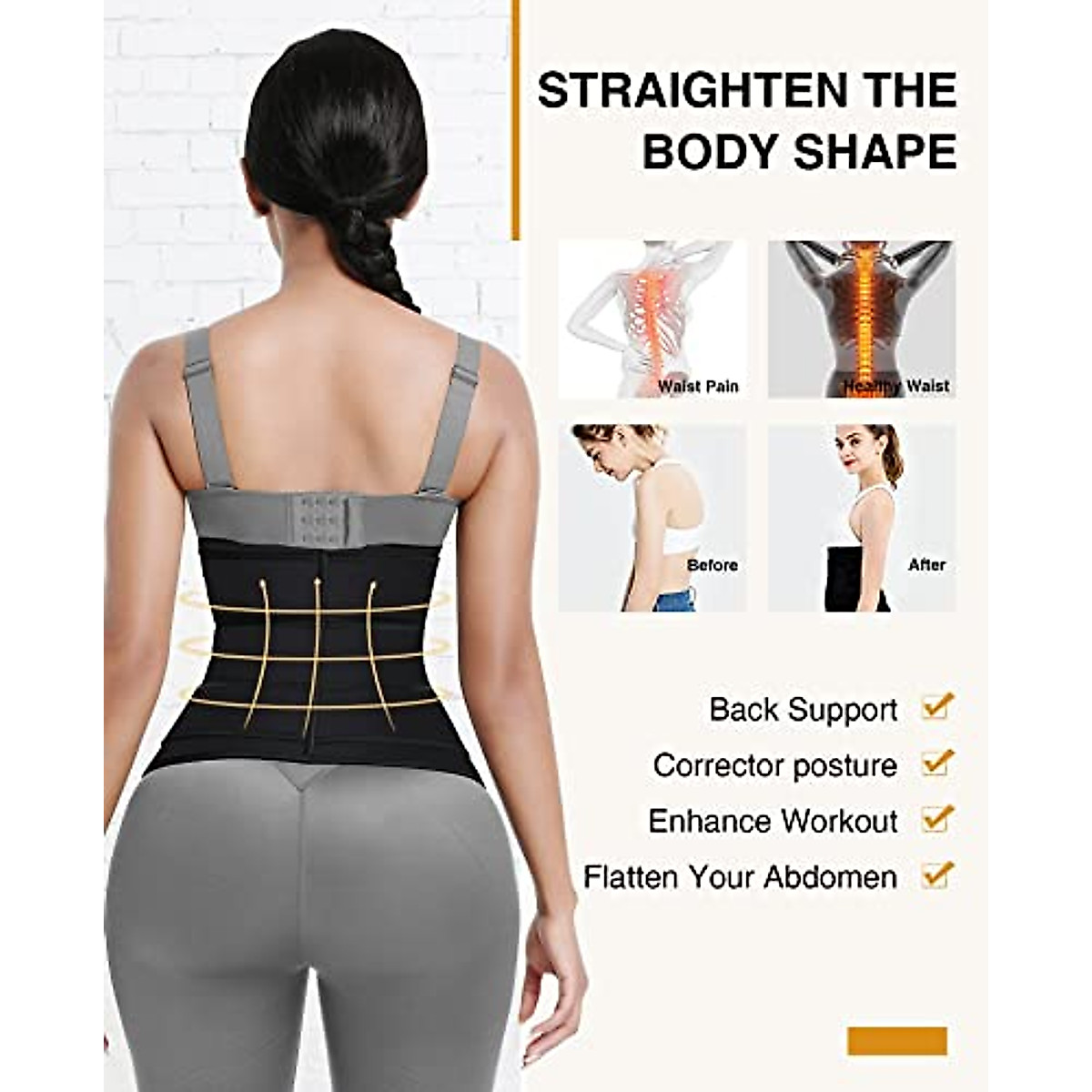 FeelinGirl womens Neoprene Waist Trainer 3 Straps Tummy Control Workout Corset Cincher Long Torso Trimmer Sauna Belt, Black, Medium