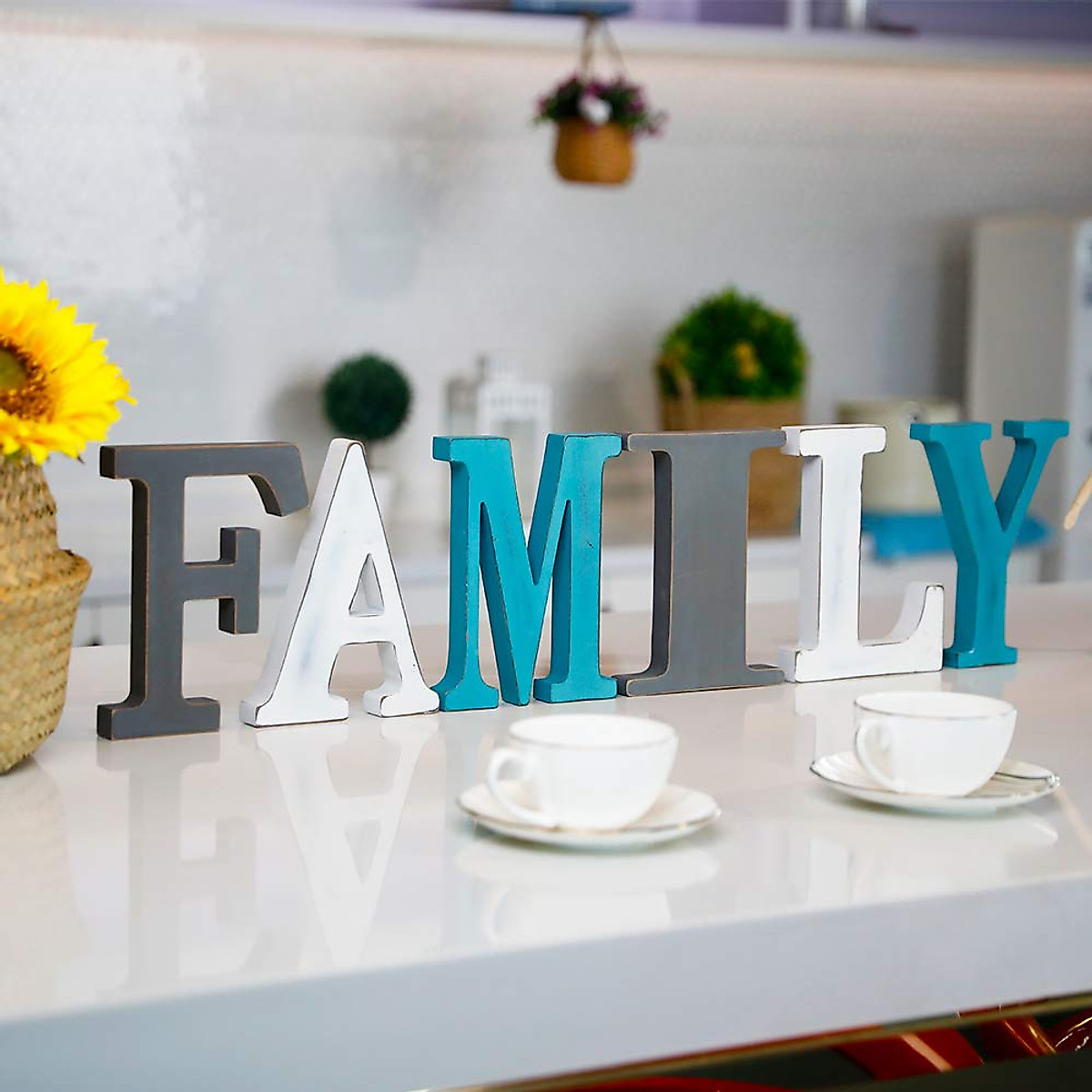Solution4Patio Wooden Family Decorative Signs with Back Hanging Holes, Freestanding Cutout Words Table Centerpiece, Rustic Letters for Living Room, Home Decor #D303A00