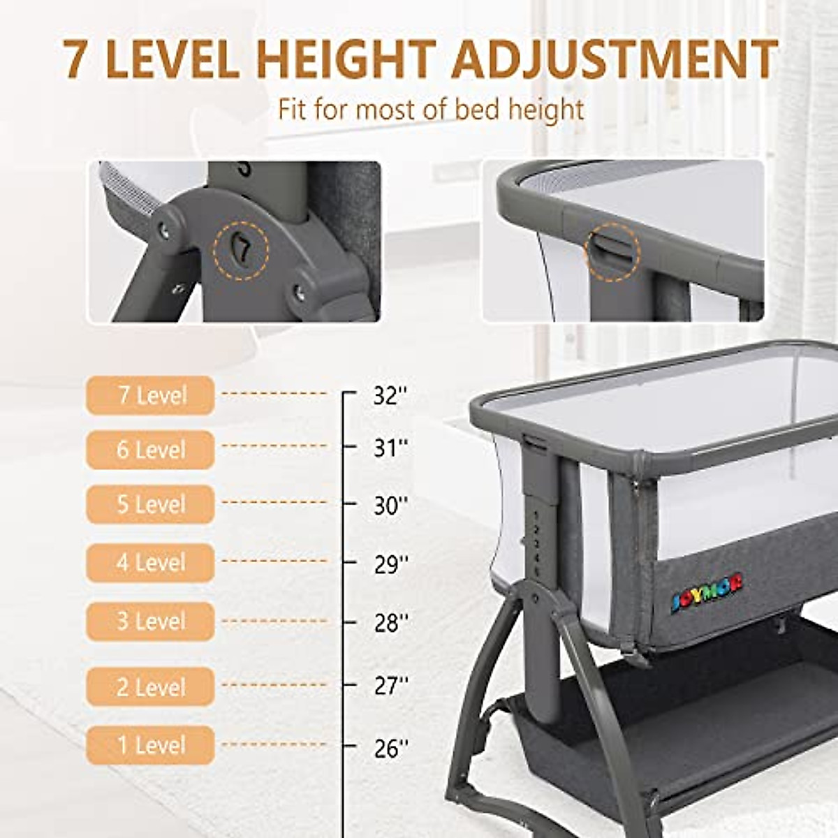 JOYMOR Bedside Sleeper Rocking Bassinet, Height Adjustable Breathable Net Bed Side Baby Cribs with Washable Mattress,Mosquito Net,Storage Basket for Infants, Gray