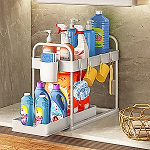 2-Tier Under Sink Organizer, PXRACK Sliding Under Bathroom Cabinet Storage Drawer Basket Organizer Rack with Hooks, Hanging Cup, Handles, Under Sink Shelf Organizer for Bathroom, Kitchen
