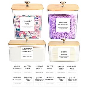 PLOUTA HOME 4 Pack Laundry Room Organization Storage Containers, Plastic Clear Laundry Pods Container & Dryer Sheet Holder Jars with Lids, Scoops & Labels for Detergent, Powder, Dryer Balls, Beads