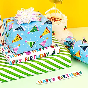 WRAPAHOLIC Birthday Wrapping Paper Roll - Mini Roll - 3 Rolls - 17 Inch X 120 Inch Per Roll - Happy Birthday Lettering and Stripe for Kid's Birthday, Baby Shower