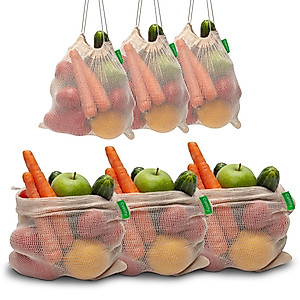 6 Reusable Produce Bags Grocery Washable | Organic Cotton Mesh Produce Bags | Double-Stitched & Tare Weigh | Mesh bags for vegetables | Cotton Produce Bags Reusable Washable | Produce bag (M size)