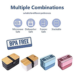 Collect Beauty Japanese Bento Box,2 Layer Lunch Box , Meal Prep Lunch Container with Bamboo Chopping Board Lid,Bag,Cutlery,Divider,Bento Lunch Box for Kids and Adults Black