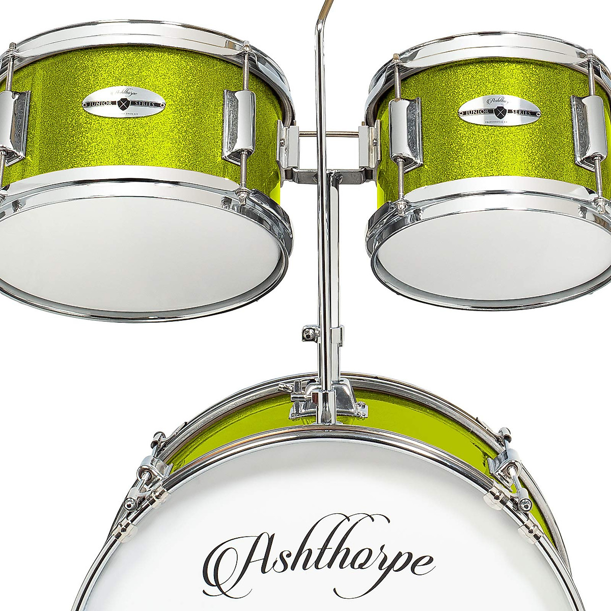 Ashthorpe 5-Piece Complete Junior Drum Set with Genuine Brass Cymbals - Advanced Beginner Kit with 16" Bass, Adjustable Throne, Cymbals, Hi-Hats, Pedals & Drumsticks - Green