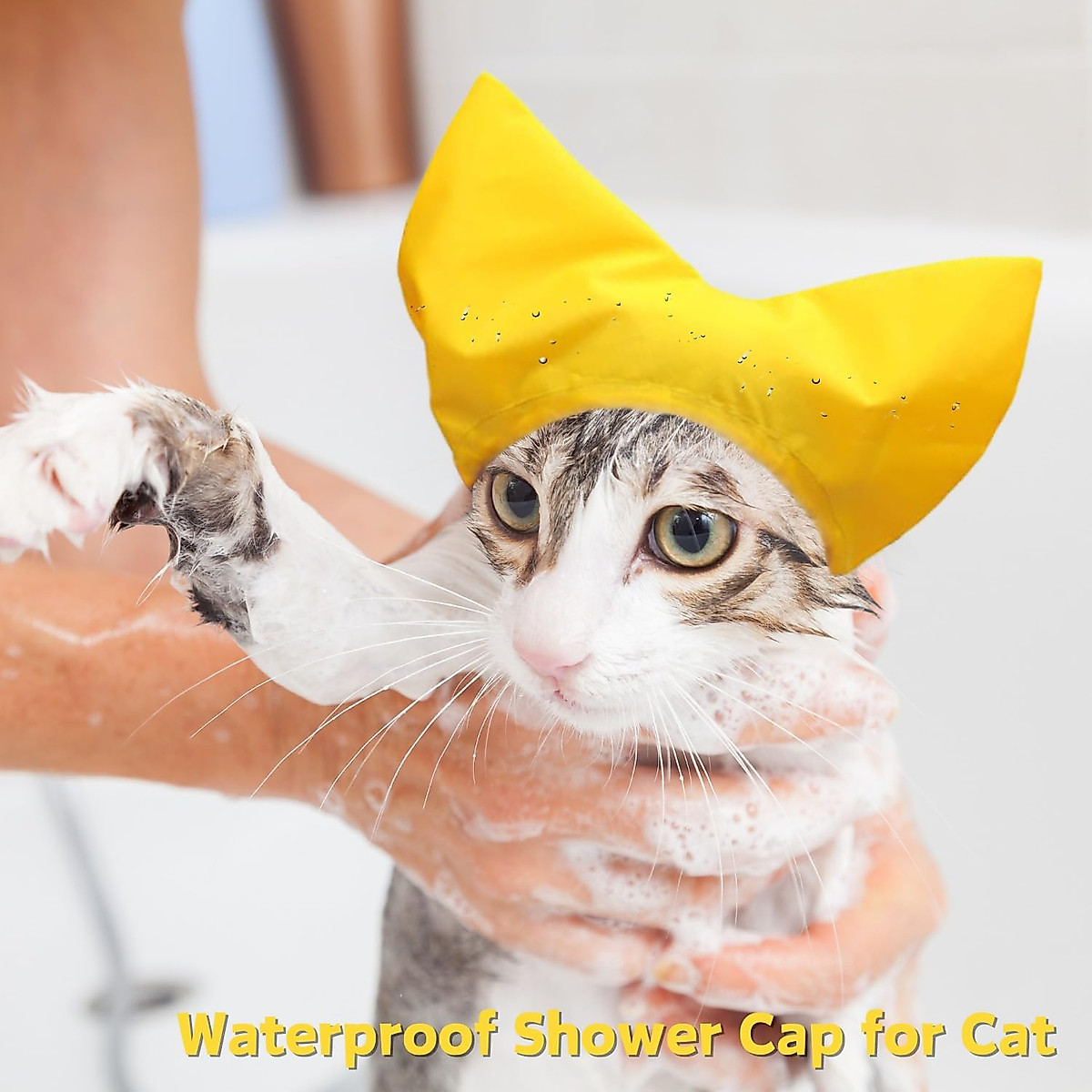 Pet Shower Cap - Waterproof Shower Caps for Sphynx Reusable Cats Ear Protection Bath Cap with Adjustable Strap Ear Covers for House Cats Small Dogs Puppy Pet Grooming Accessories (Yellow)